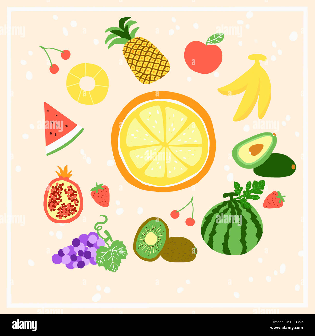Illustration of various summer fruits Stock Photo - Alamy