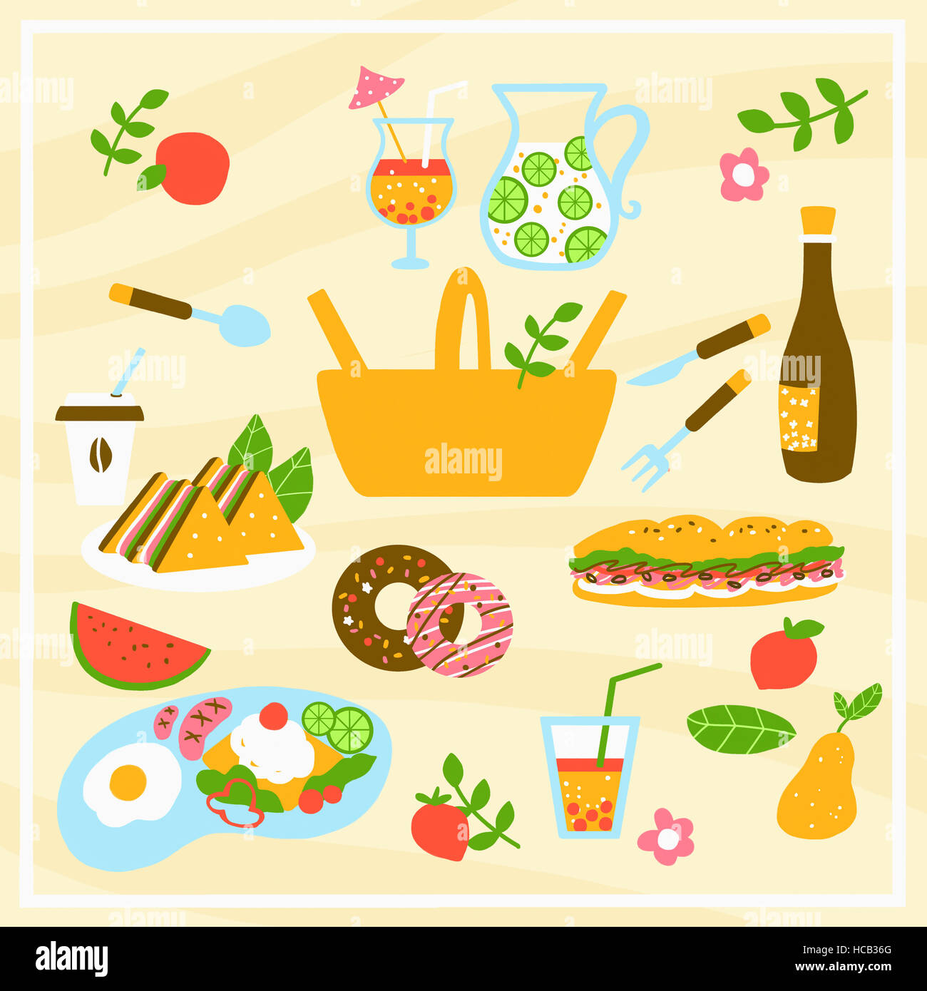 Illustration of various food for brunch Stock Photo - Alamy