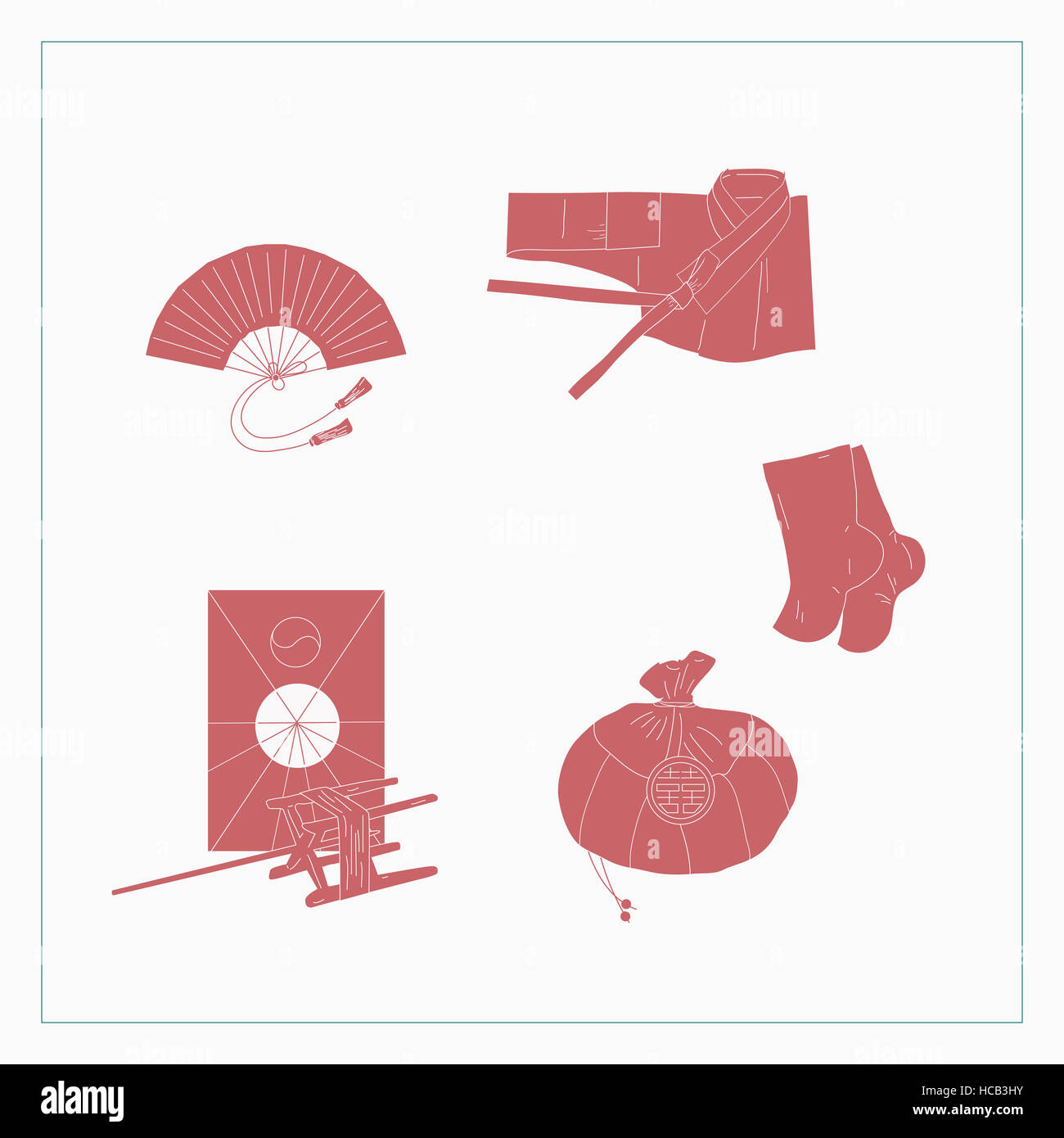 Illustration of traditional Korean objects in red Stock Photo - Alamy