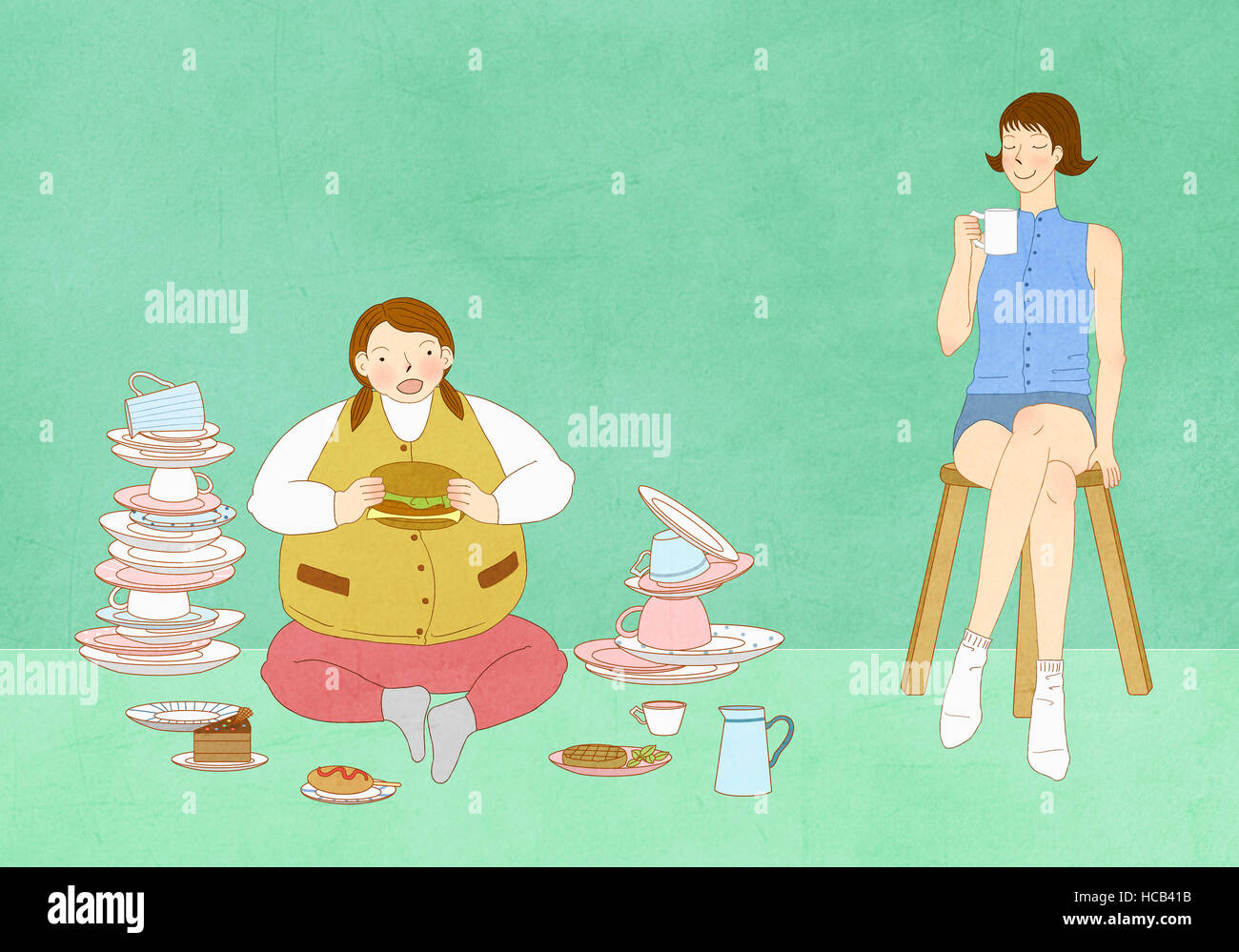Fat woman eating fast food and slim woman drinking a tea Stock Photo ...