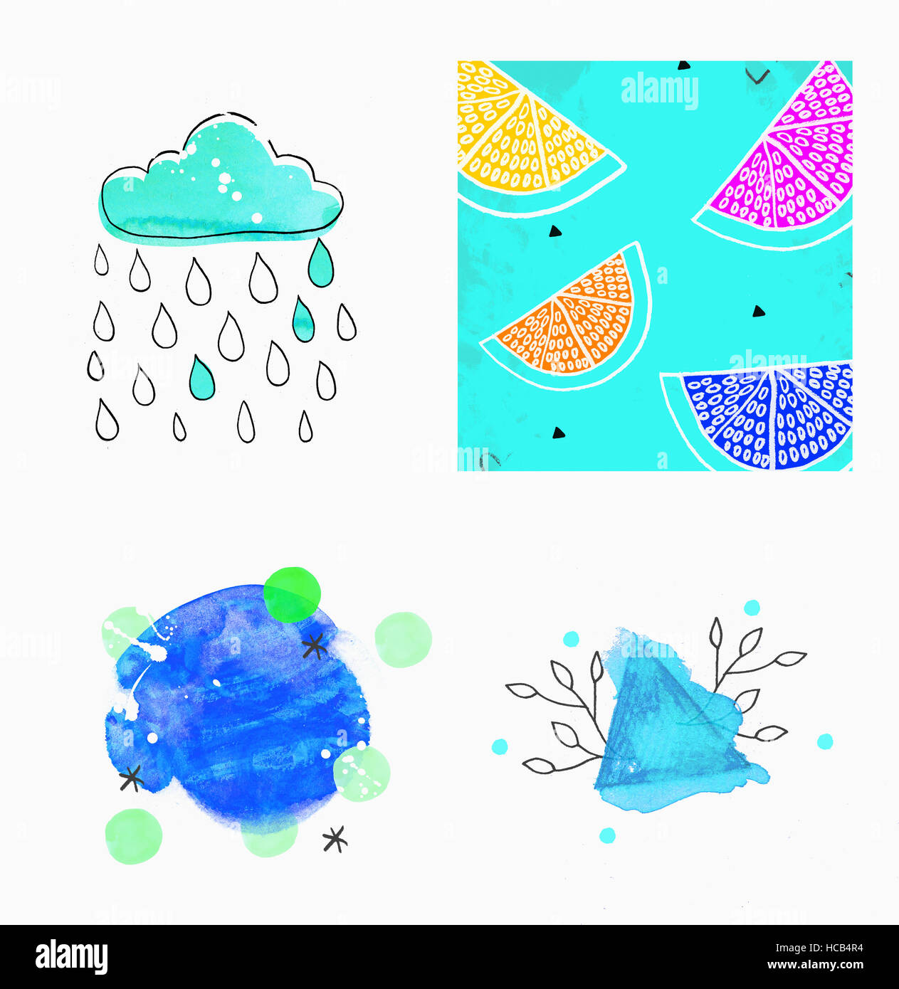 Various watercolor of cloud, rain and watermelon Stock Photo - Alamy
