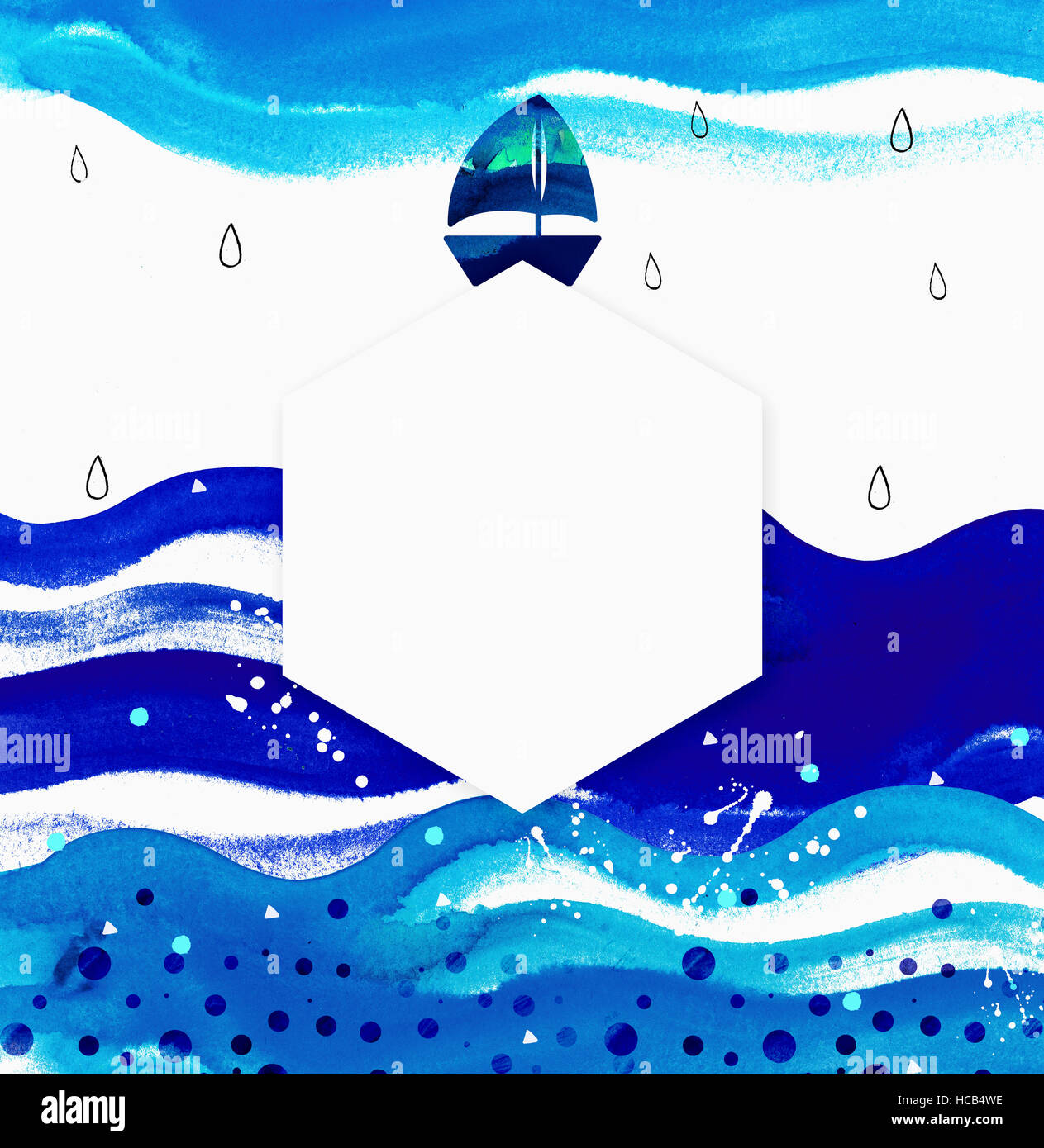 Hexagon with watercolor waves and yacht Stock Photo - Alamy