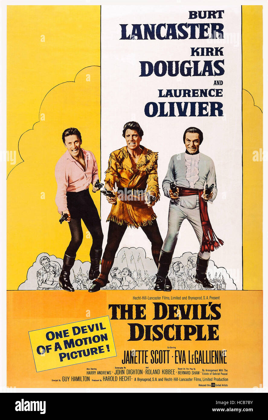 THE DEVIL'S DISCIPLE, US poster art, from left: Kirk Douglas, Burt Lancaster, Laurence Olivier ...