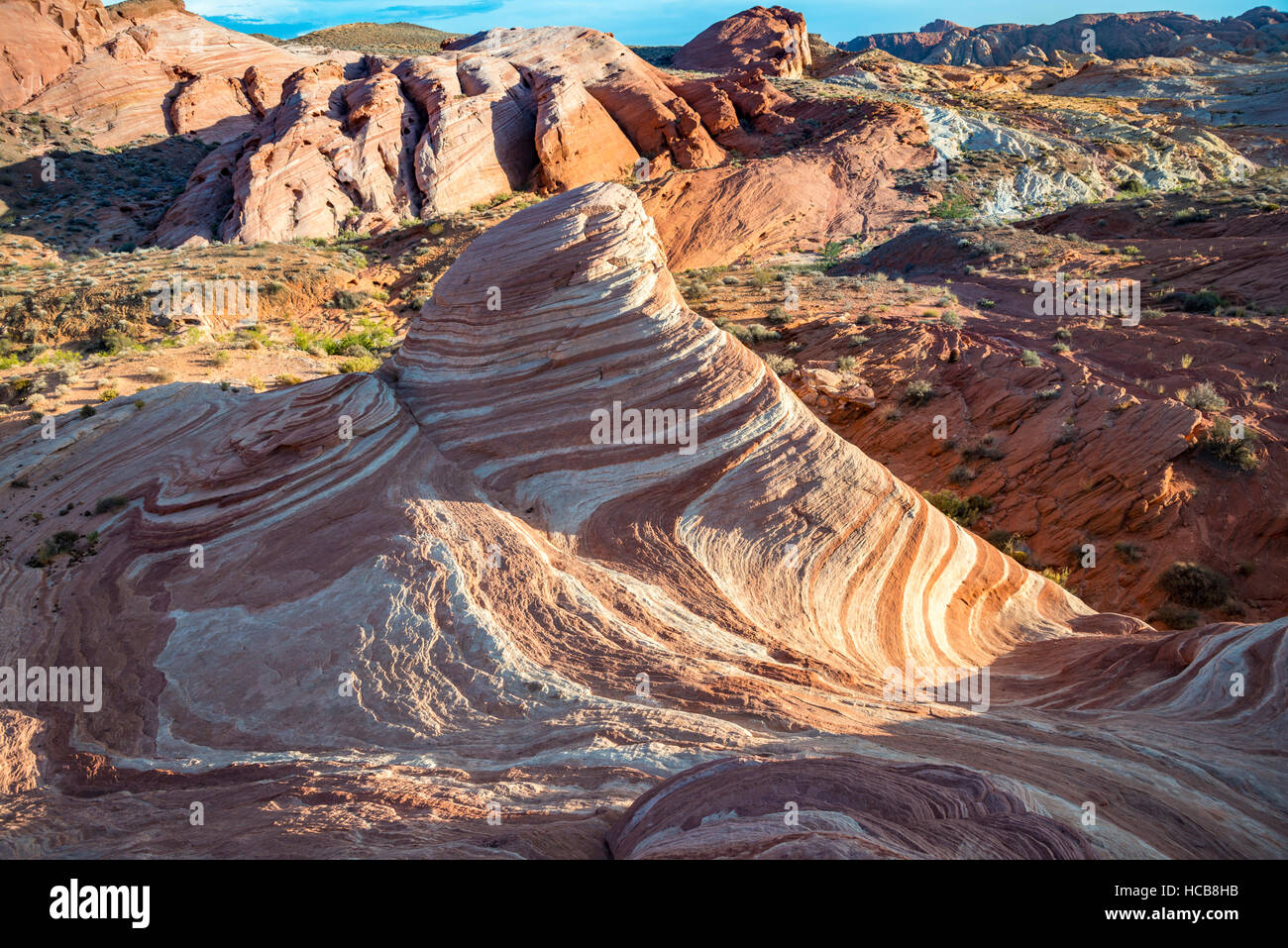 Fire Wave Rock in the evening light, with Sleeping Lizard Rock, Valley ...