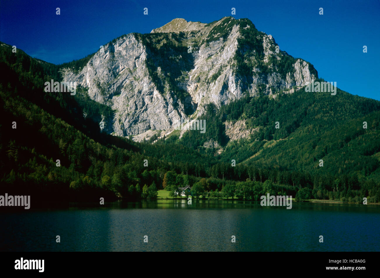 Langbath Lake with the Brunnkogel Mountain near Ebensee, Salzkammergut ...