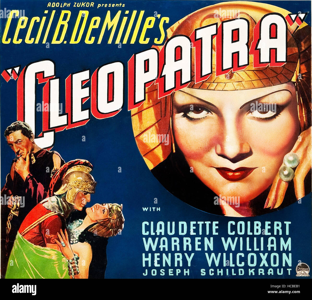 CLEOPATRA, l-r: Warren William, Henry Wilcoxon, Claudette Colbert on title card, 1934 Stock ...