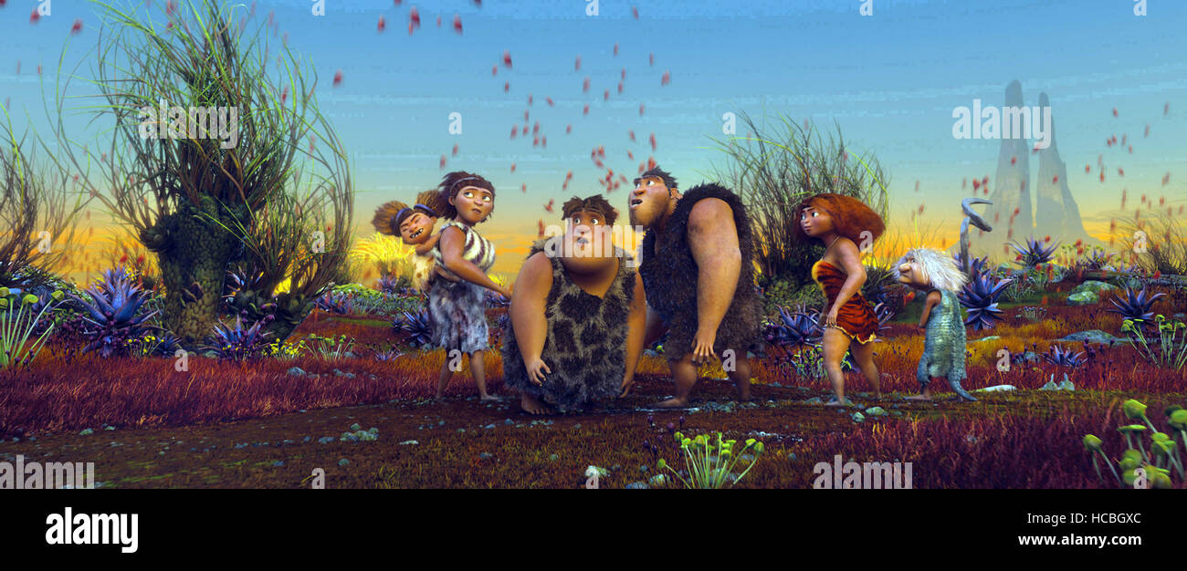 THE CROODS, l-r: Sandy, Ugga (voice: Catherine Keener), Thunk (Clark ...