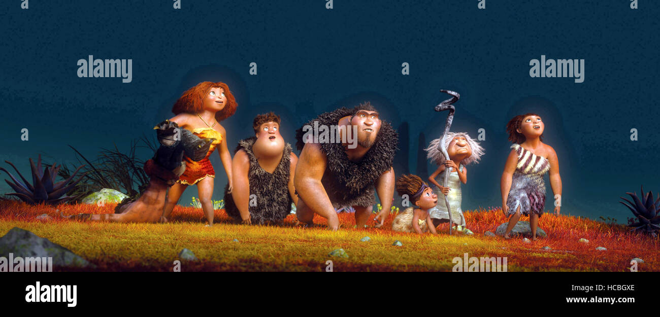 THE CROODS, Eep (voice: Emma Stone), Thunk (voice: Clark Duke), Grug ...