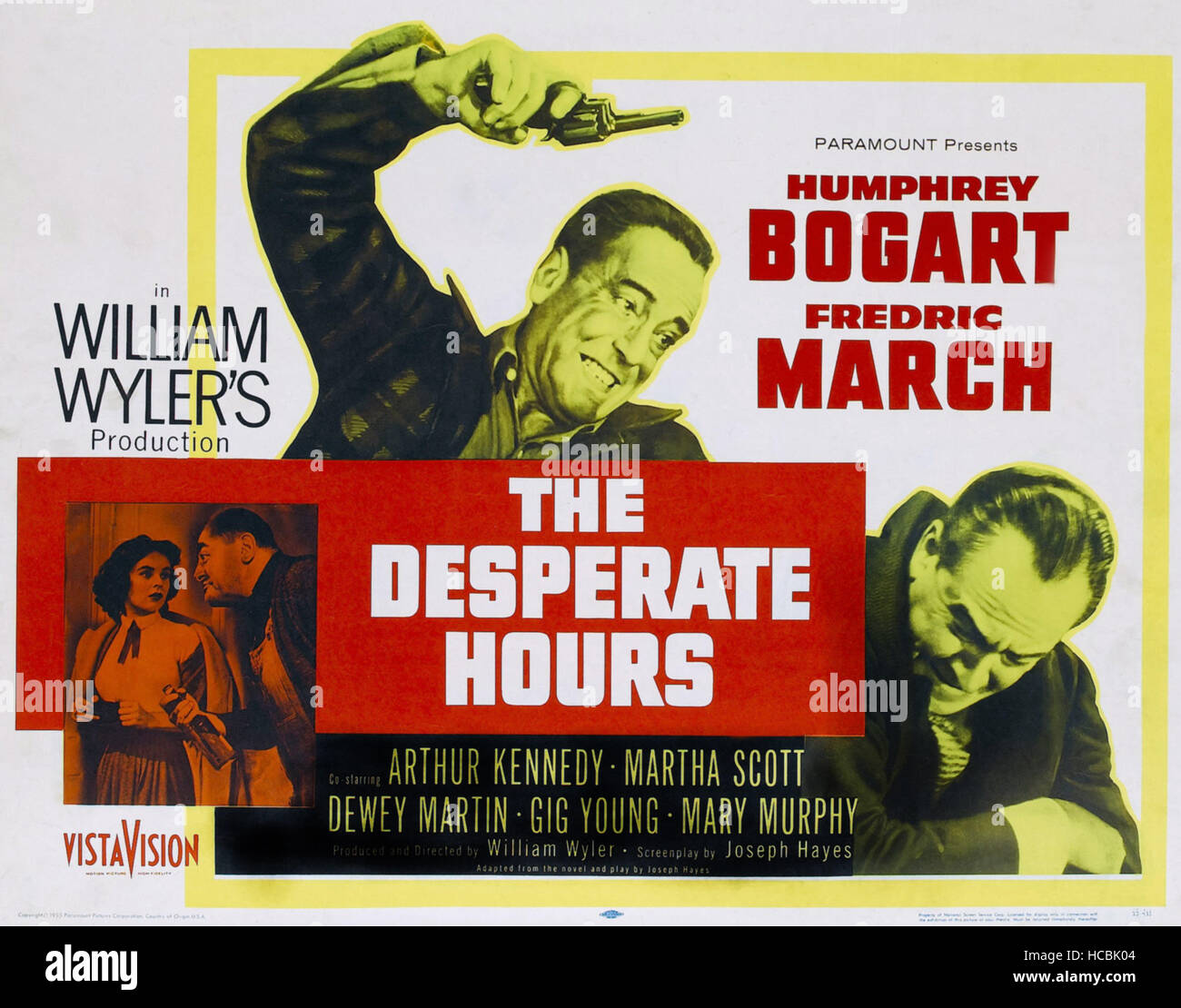 THE DESPERATE HOURS, l-r: Humphrey Bogart, Fredric March on poster art ...