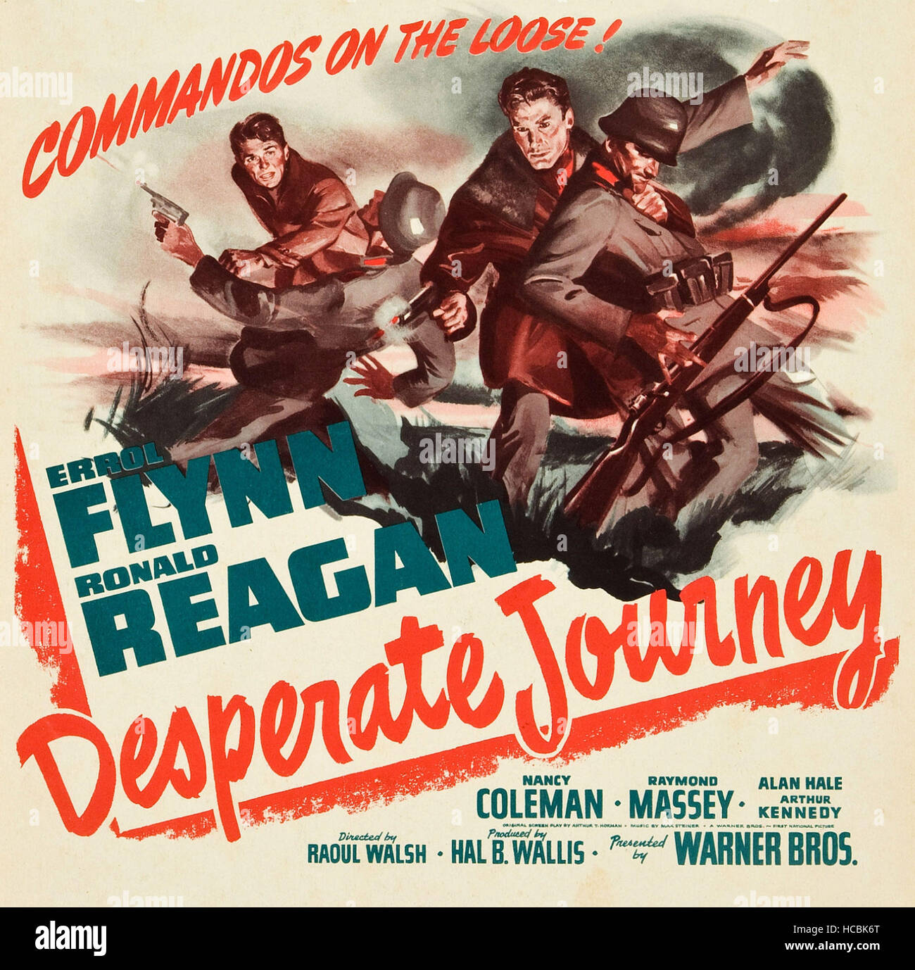 DESPERATE JOURNEY, l-r: Ronald Reagan, Errol Flynn on window card, 1942 ...