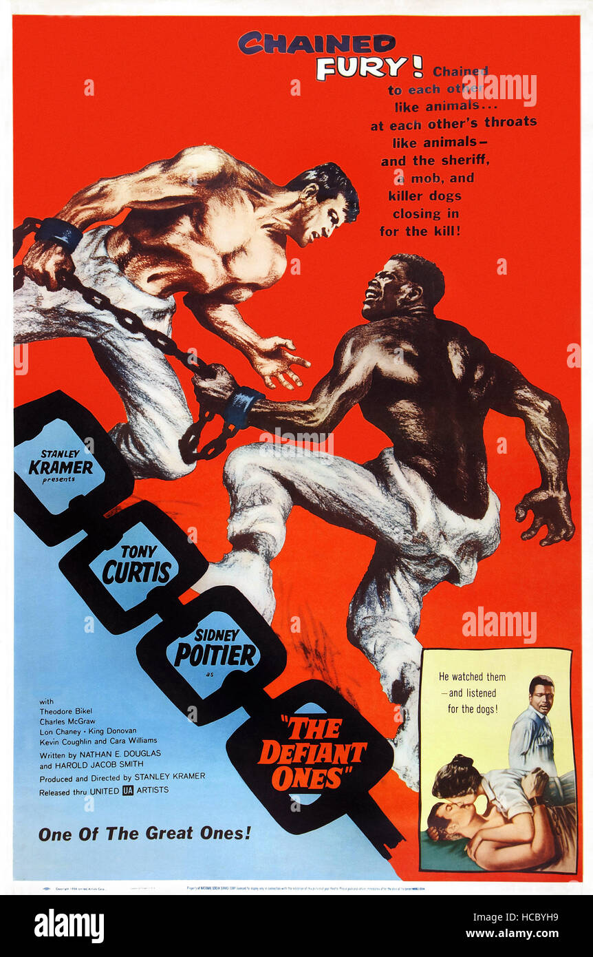 THE DEFIANT ONES, US poster art, from left: Tony Curtis, Sidney Poitier ...