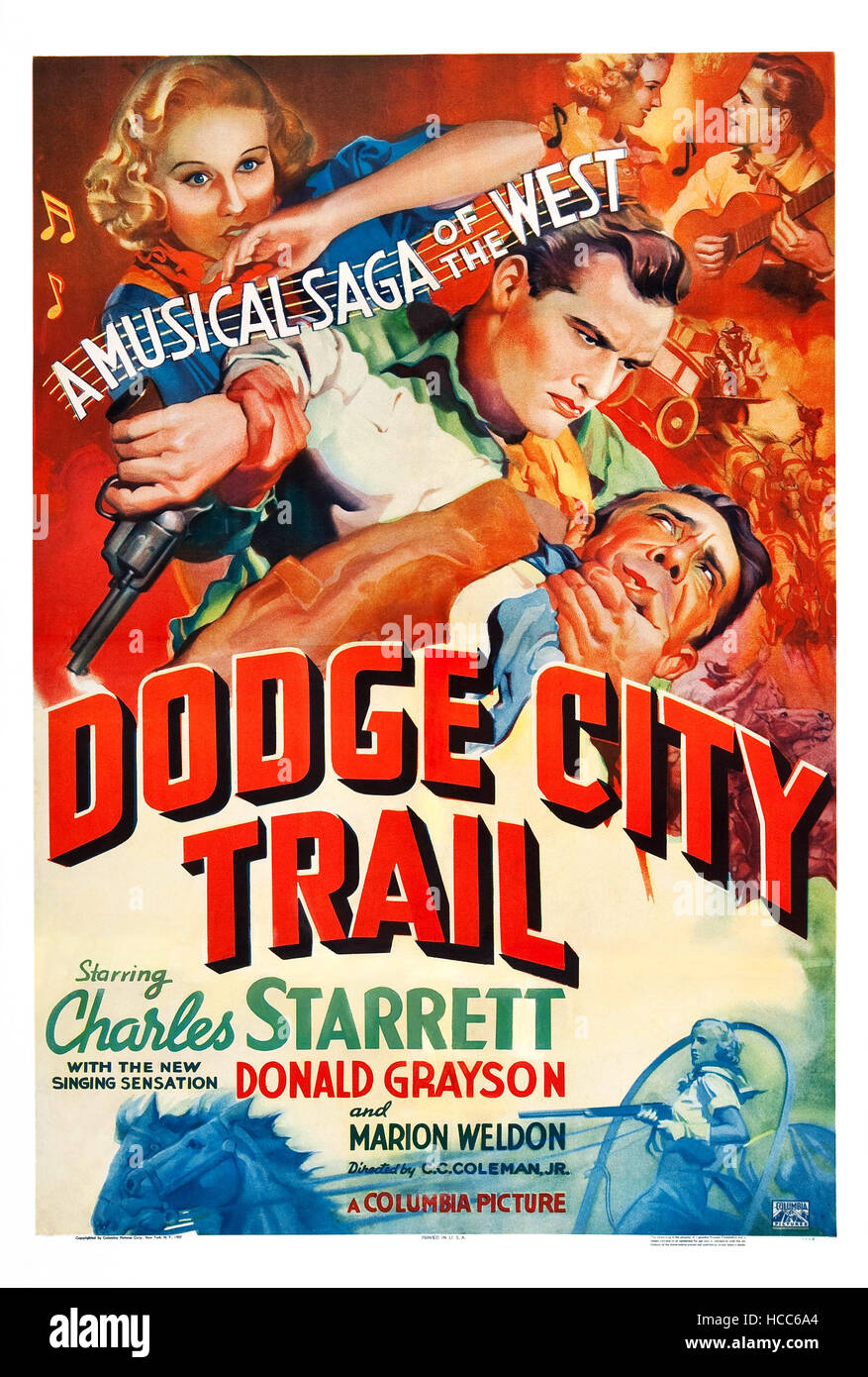 DODGE CITY TRAIL, US poster art, top left: Marion Weldon; center ...