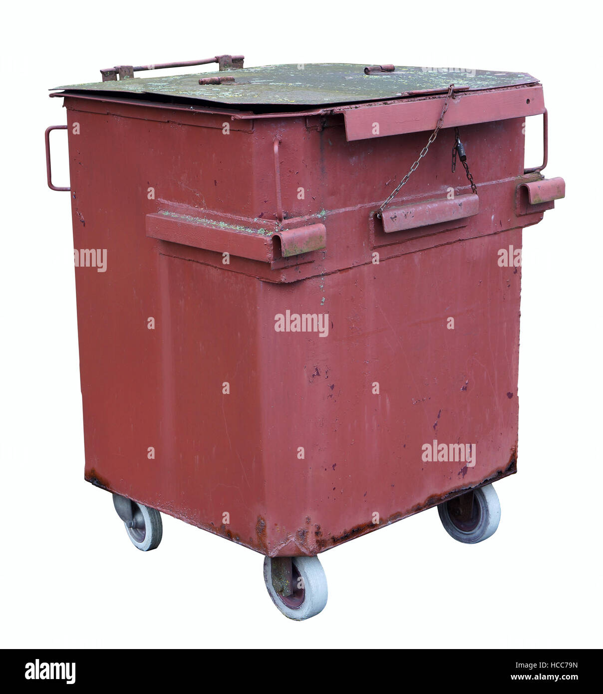 Vintage red container for food waste manually welded from steel sheets ...
