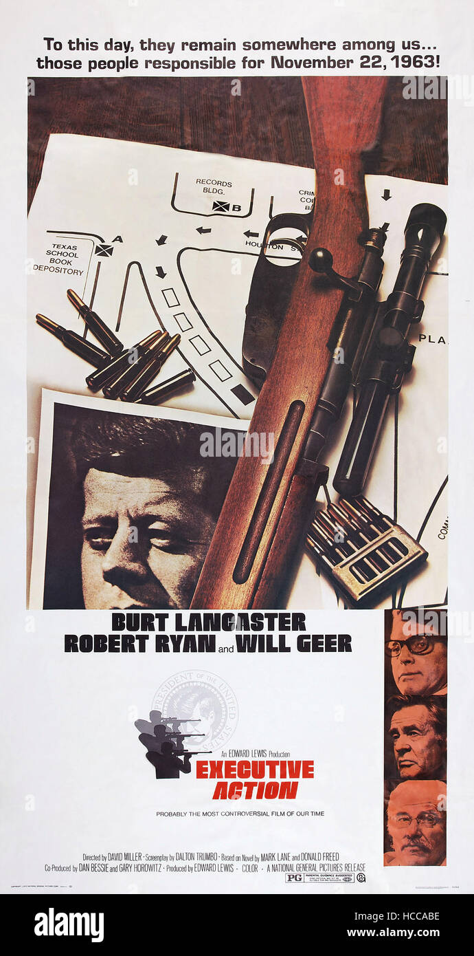 EXECUTIVE ACTION, US poster art, photo: John F. Kennedy; right insets from top: Burt Lancaster ...