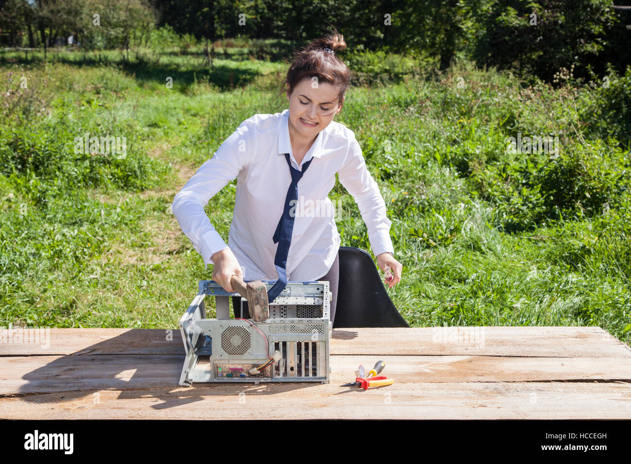 business woman destroys the computer with a hammer Stock Photo - Alamy