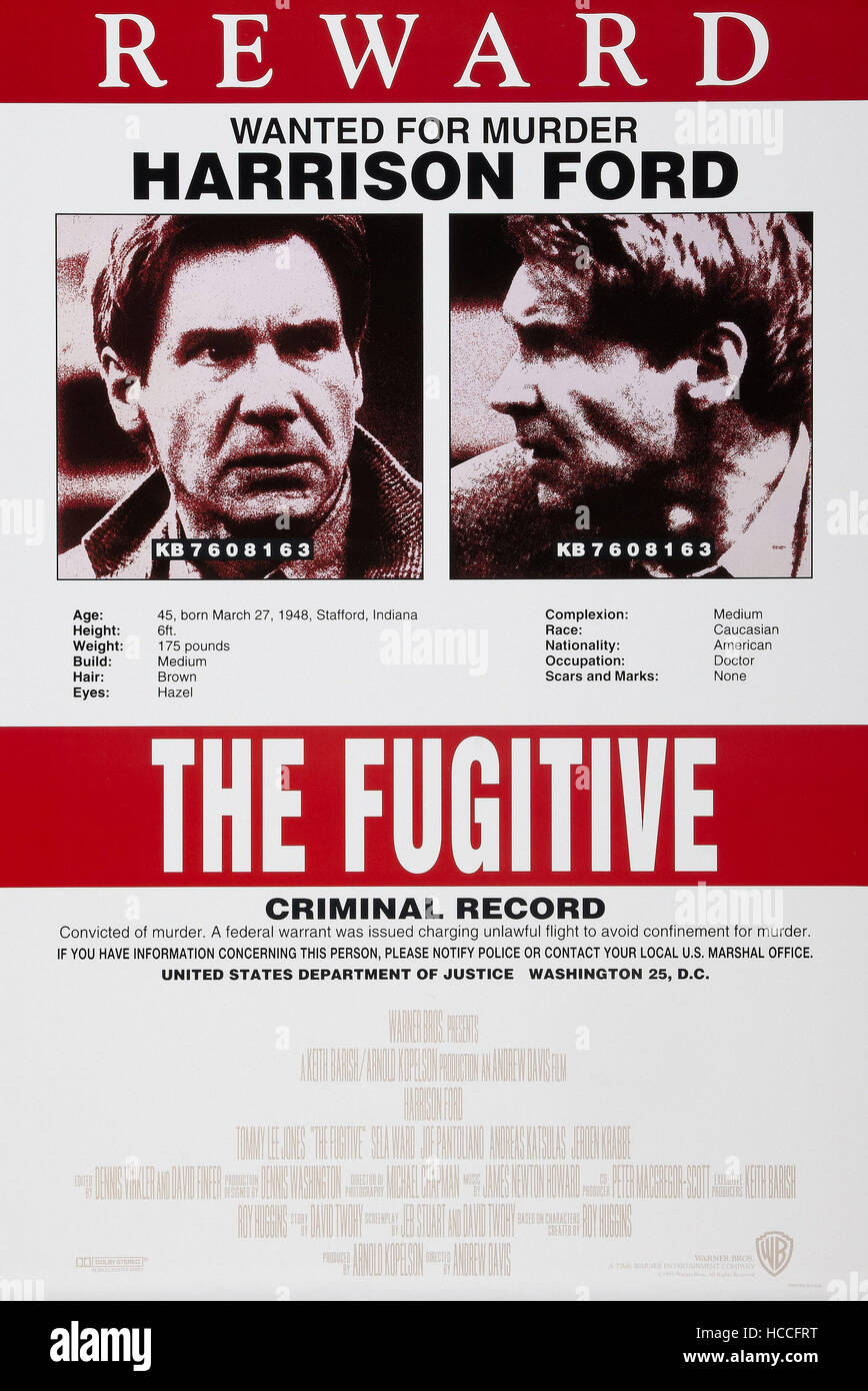 THE FUGITIVE, US advance poster art, Harrison Ford, 1993. ©Warner ...