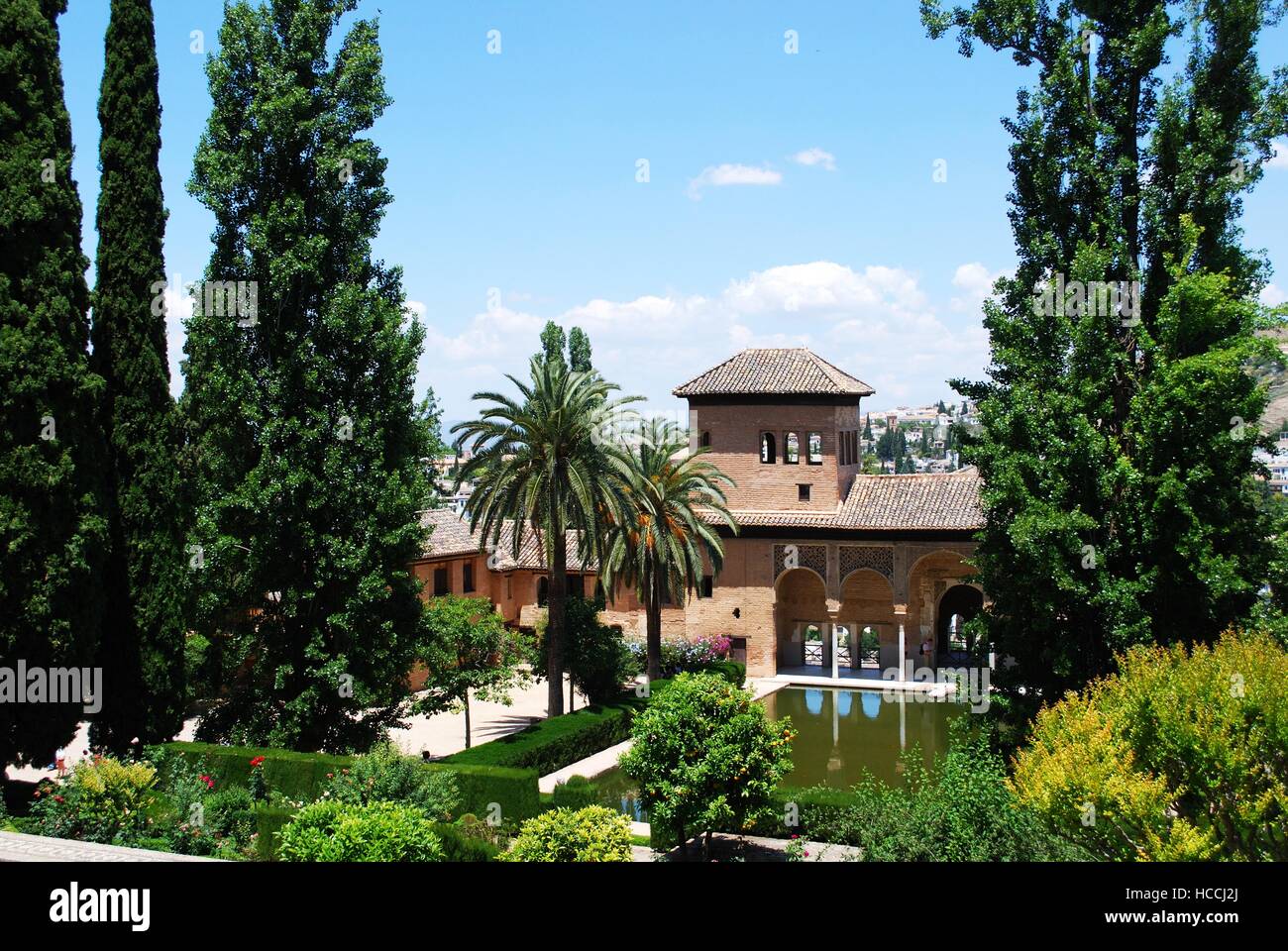 Elevated view of the Palacio del Partal (Gardens of the partal), Palace ...