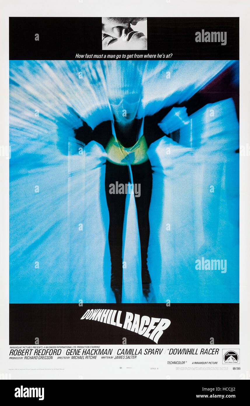 DOWNHILL RACER, top: Robert Redford, Camilla Sparv on poster art, 1969 ...