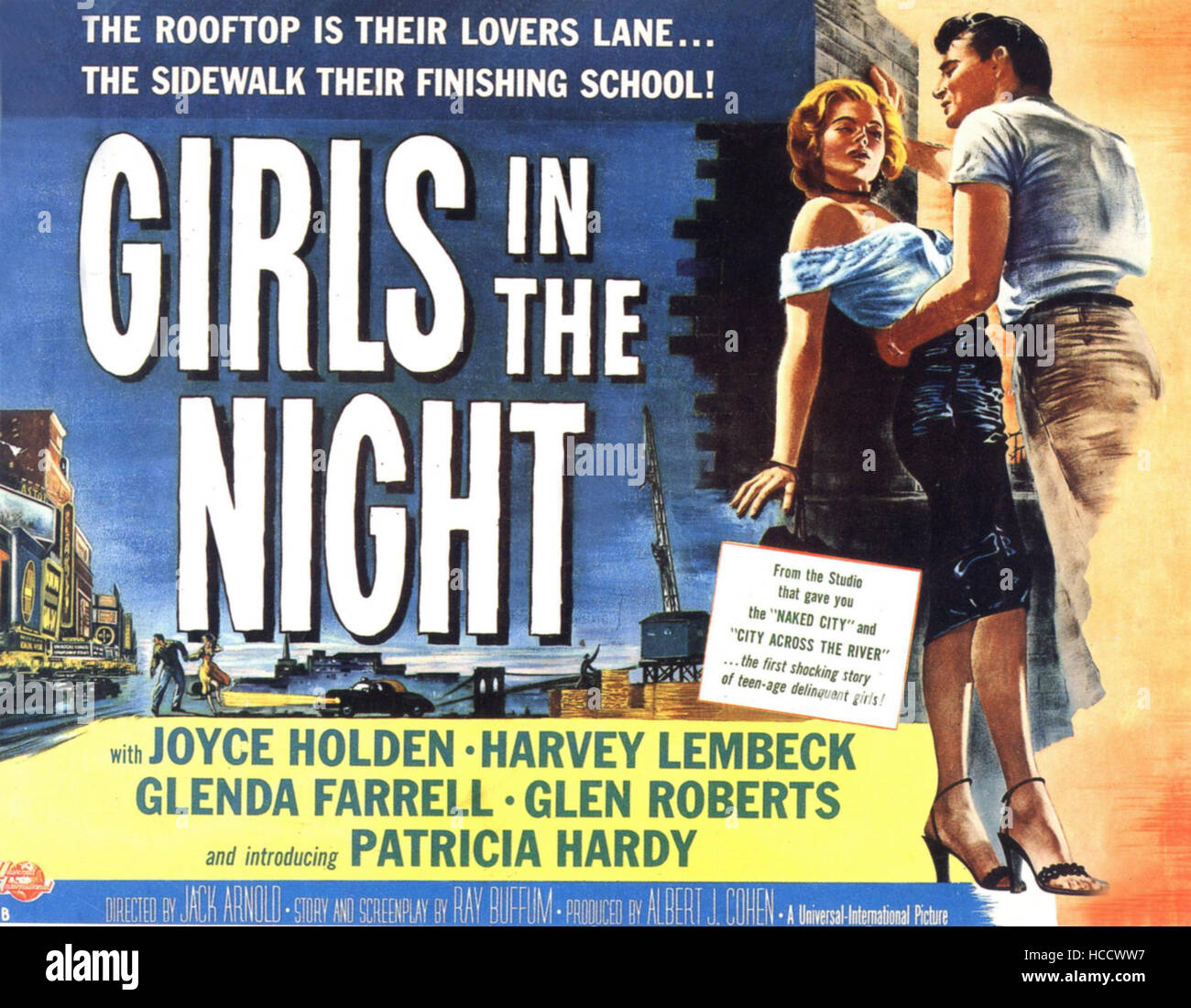 GIRLS IN THE NIGHT, l-r: Joyce Holden, Harvey Lembeck on poster art ...