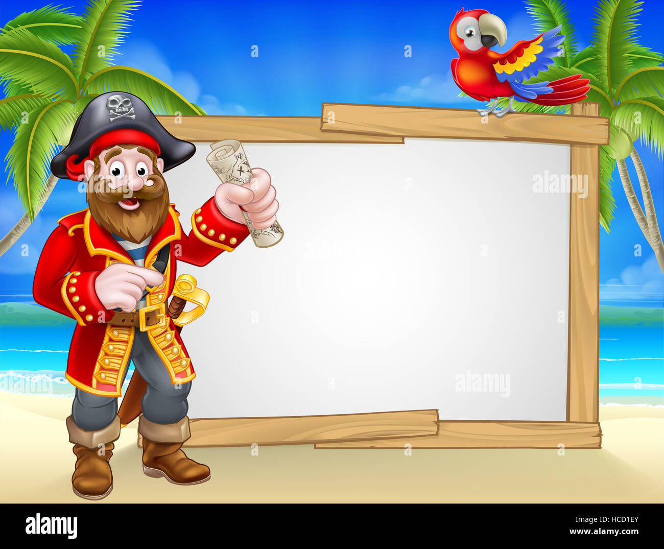 Friendly pirate cartoon character tropical beach background with parrot ...