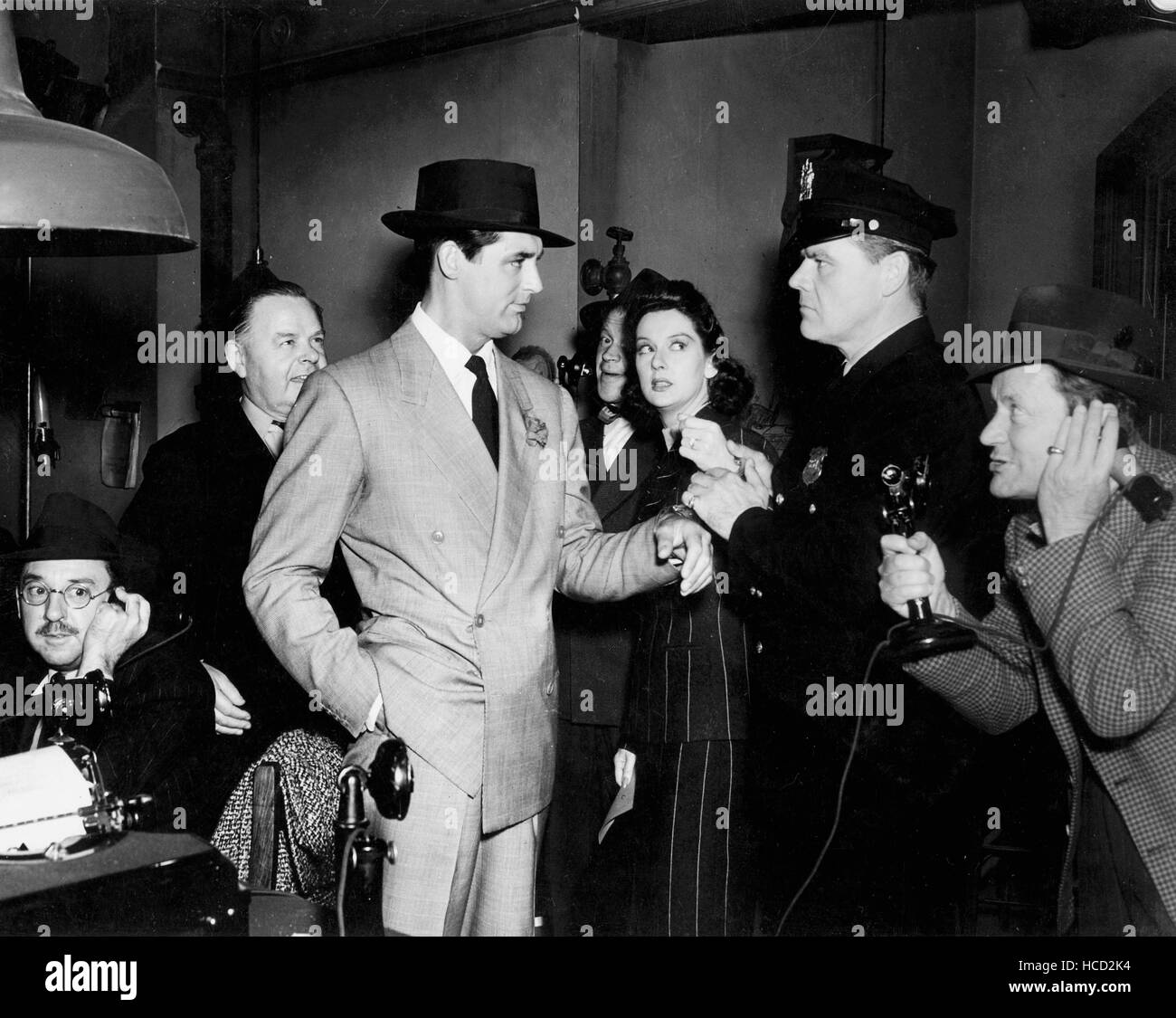 HIS GIRL FRIDAY, from left: Porter Hall, Gene Lockhart, Cary Grant ...