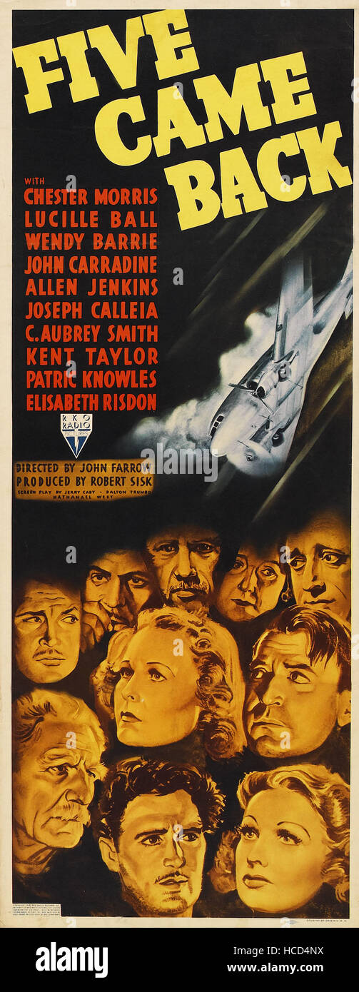 FIVE CAME BACK, clockwise from bottom left: C. Aubrey Smith, Kent Taylor, John Carradine ...