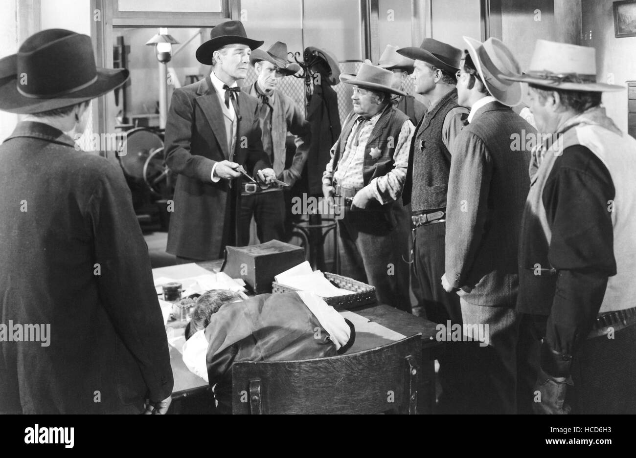 FORT WORTH, Randolph Scott (standing center), Chubby Johnson (badge ...