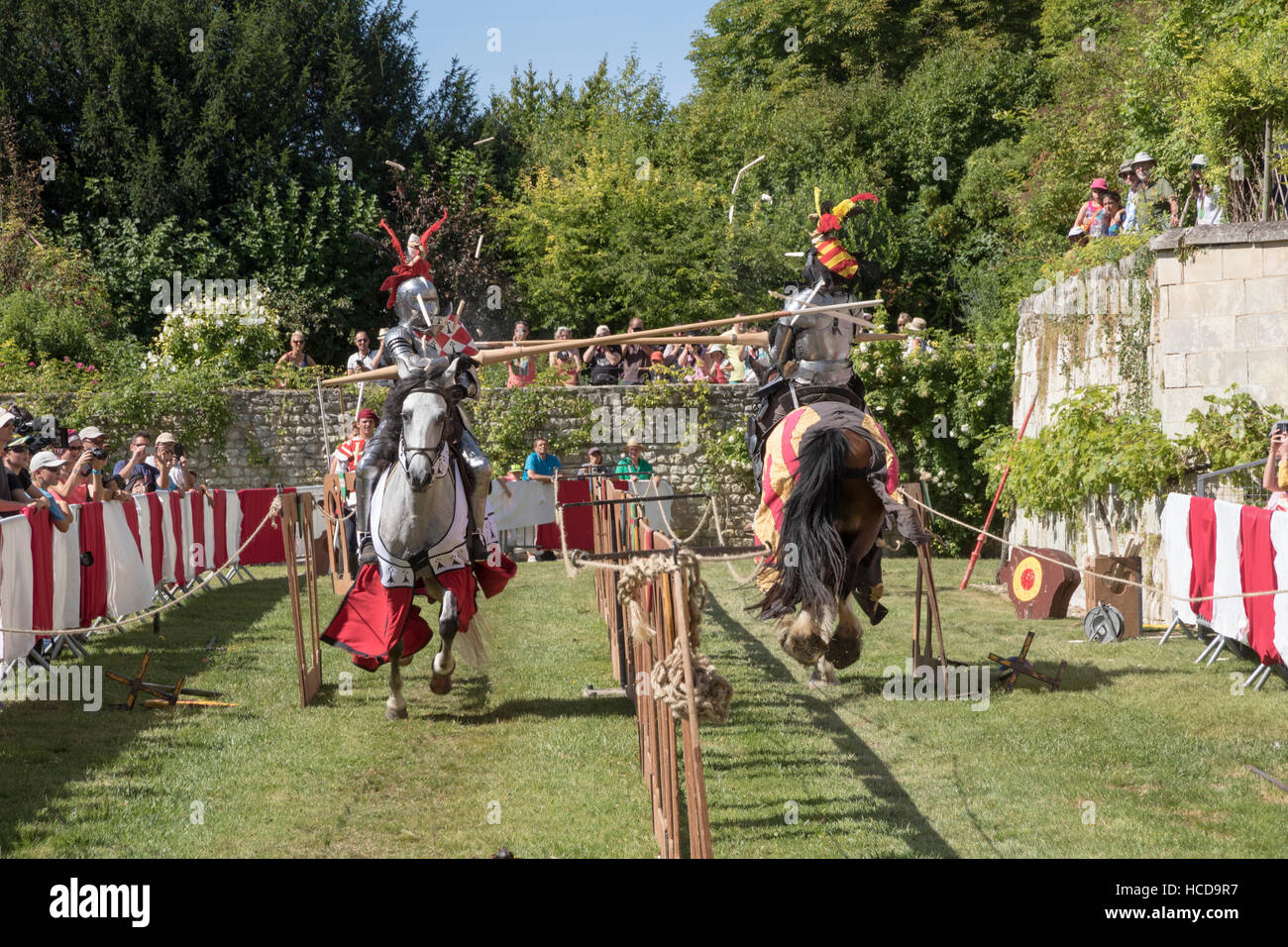 Jousting at the Chateau du Rivau, mounted knights in full armour ...