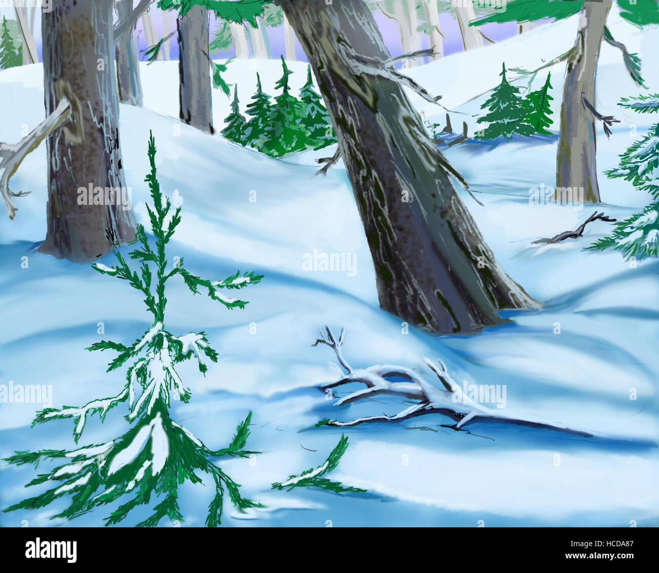 Snowdrifts in a Winter Forest. Handmade illustration in a classic ...