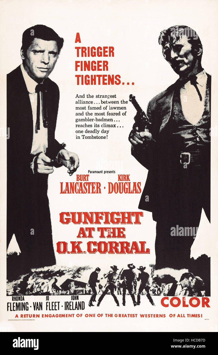 GUNFIGHT AT THE O.K. CORRAL, US poster art, from left: Burt Lancaster, Kirk Douglas, 1957 Stock ...