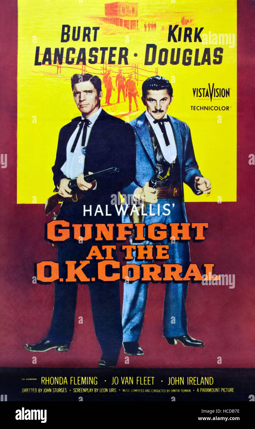 GUNFIGHT AT THE O.K. CORRAL, l-r: Burt Lancaster, Kirk Douglas on poster art, 1957 Stock Photo ...