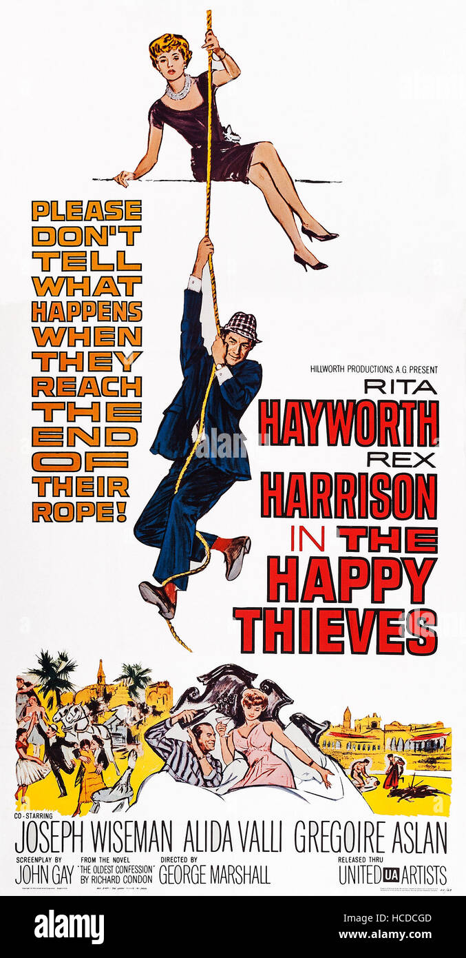 THE HAPPY THIEVES, US poster, center from top: Rita Hayworth, Rex ...