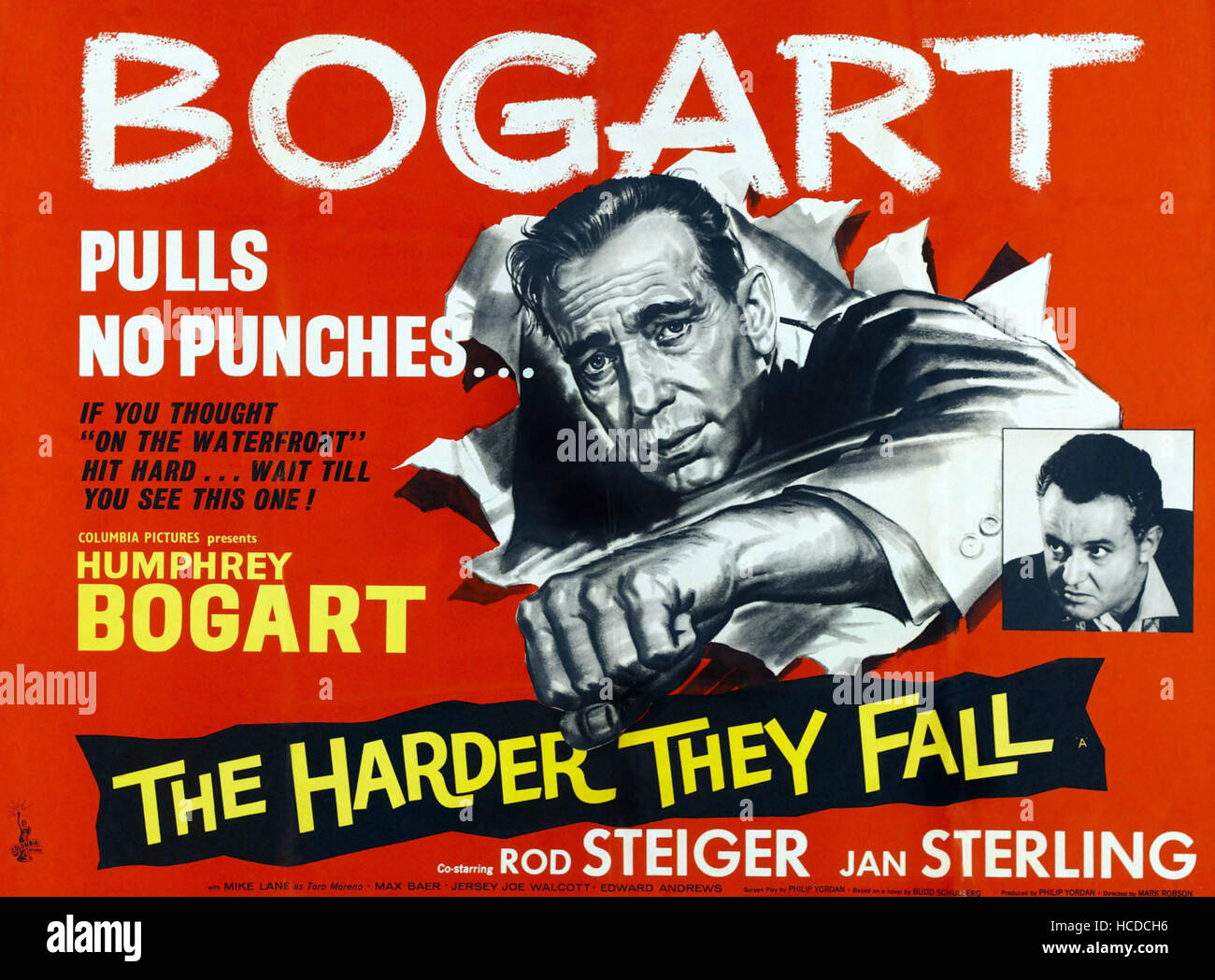 THE HARDER THEY FALL, l-r: Humphrey Bogart, Rod Steiger on poster art ...