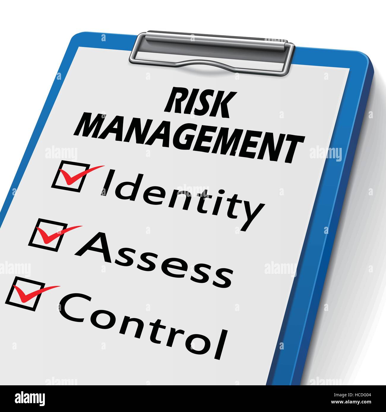 risk management clipboard with check boxes marked for identity, assess ...