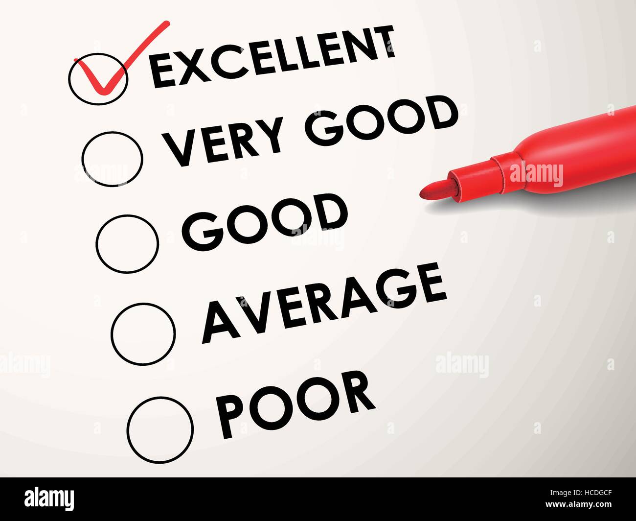 tick placed in excellent check box with red pen over quality survey ...