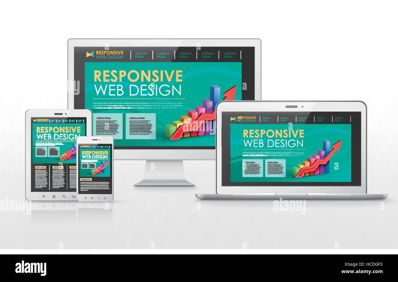 responsive web design concept in flat screen TV, tablet, smart phone ...