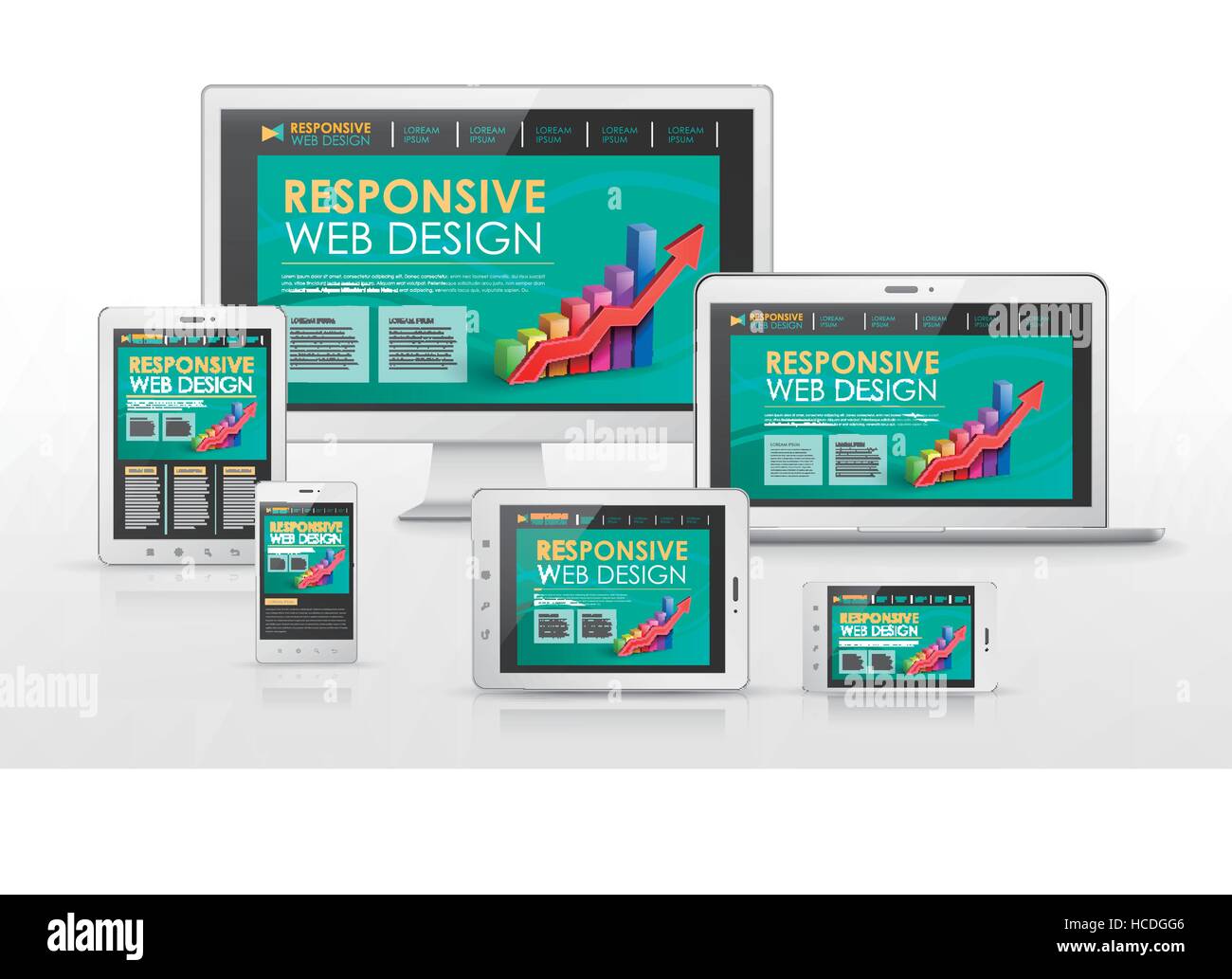 responsive web design concept in flat screen TV, tablet, smart phone ...