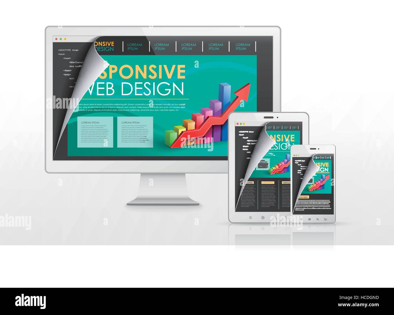 responsive web design concept in flat screen TV, tablet and smart phone ...