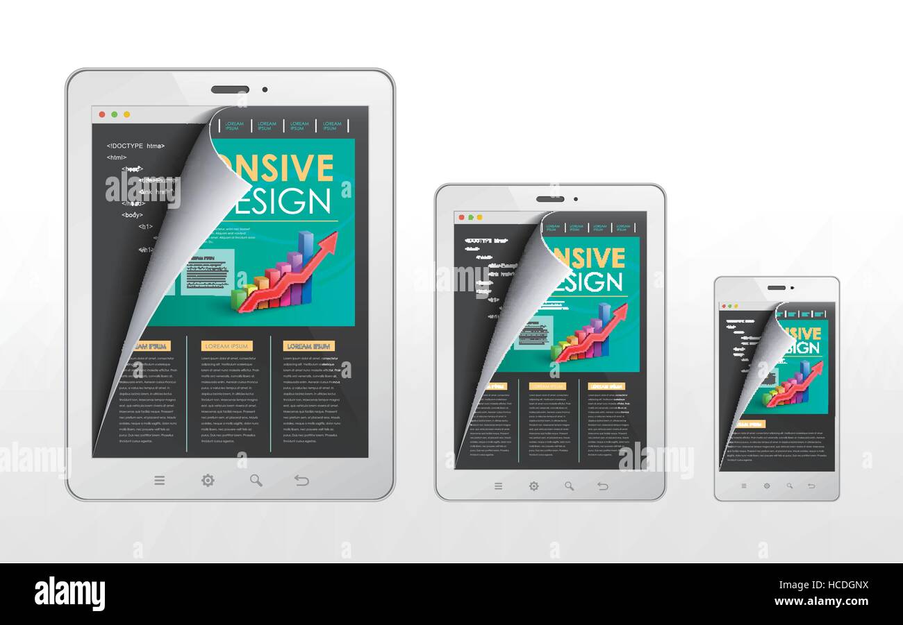 responsive web design concept in different sizes of tablet and smart ...