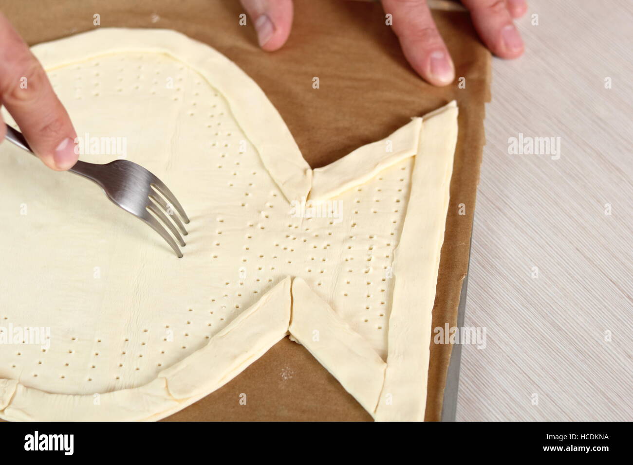 Prick Puff Pastry Base with Fork. Making Salmon in Puff Pastry Series ...