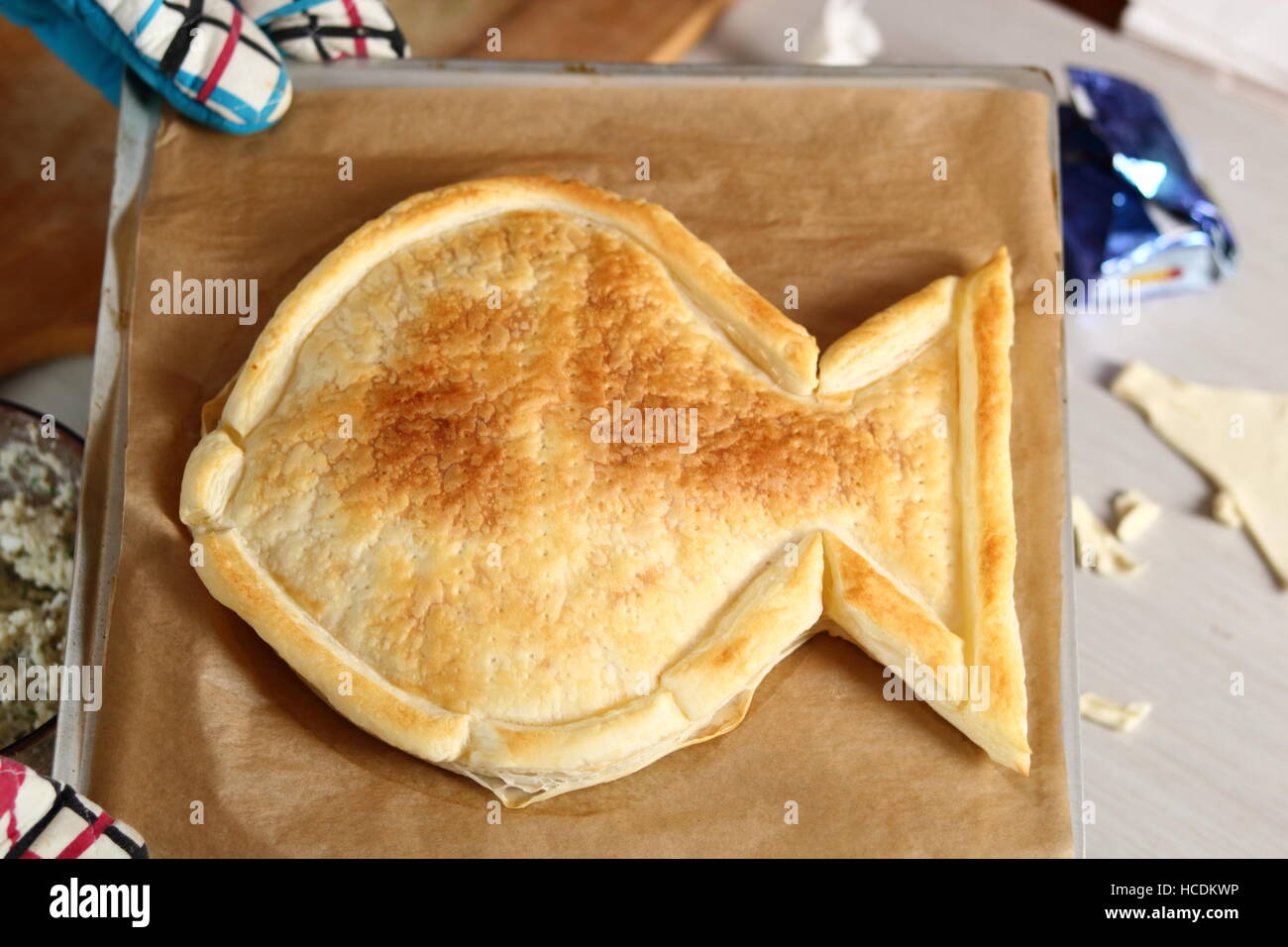 Prebaked Puff Pastry Base in Fish Shape. Making Salmon in Puff Pastry ...