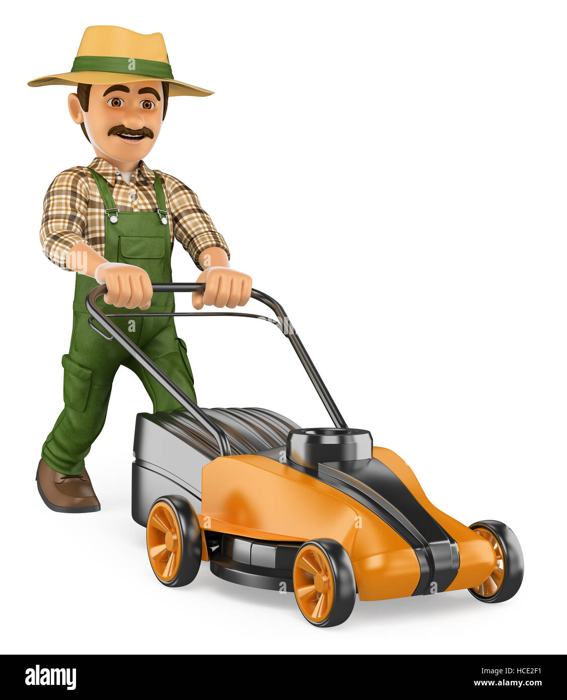 3d working people illustration. Gardener pushing a power mower ...