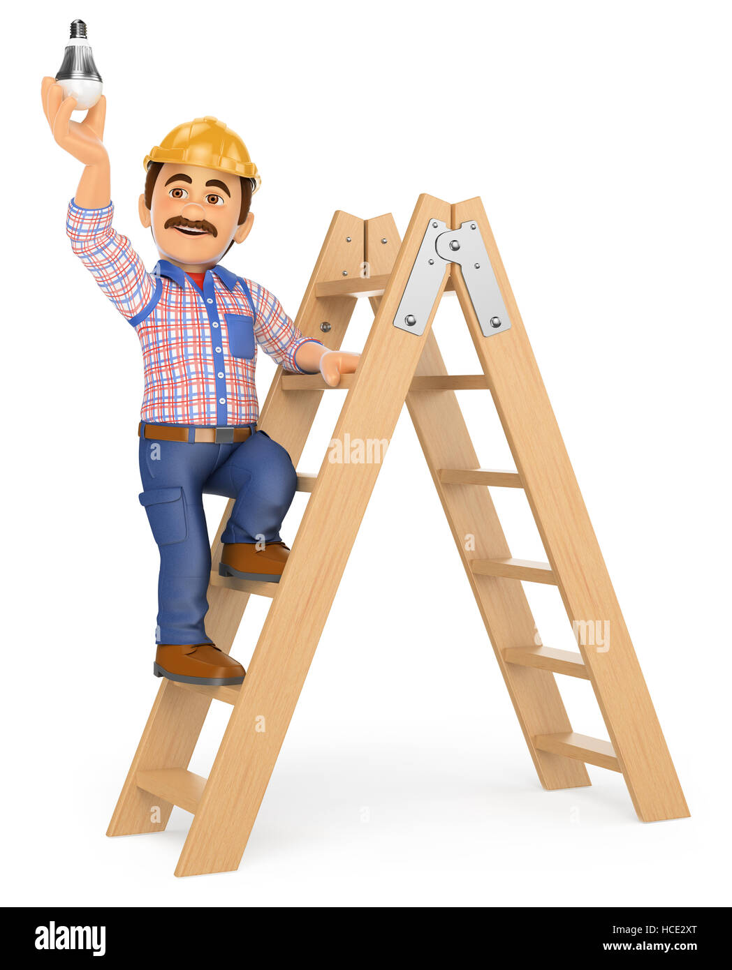 3d working people illustration. Electrician on a ladder changing a ...