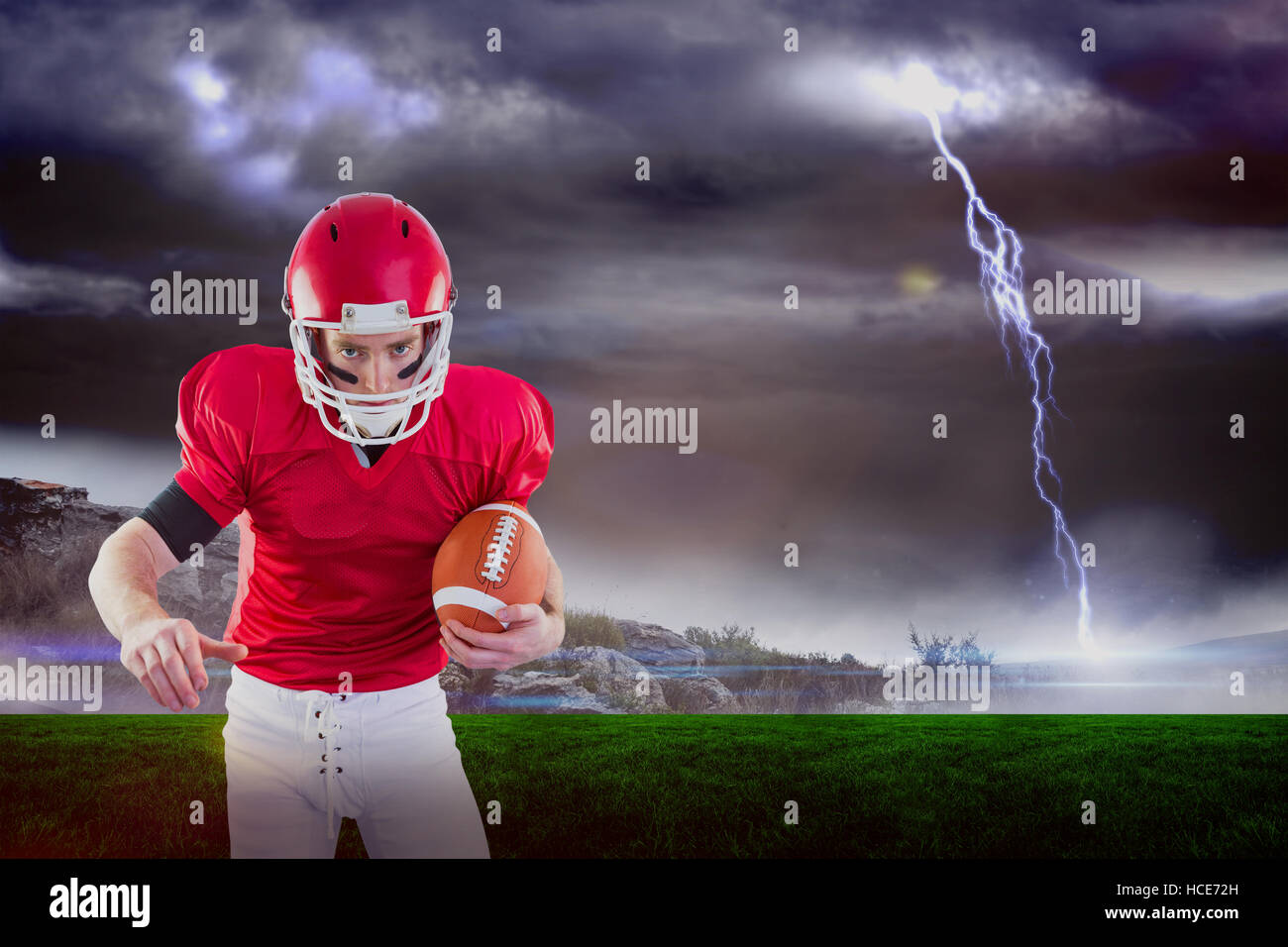 Composite image of portrait of focused american football player being ...