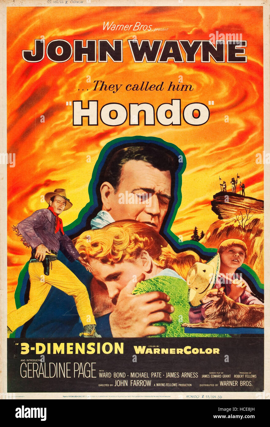 HONDO, l-r: John Wayne, Geraldine Page, Lee Aaker on US poster art ...