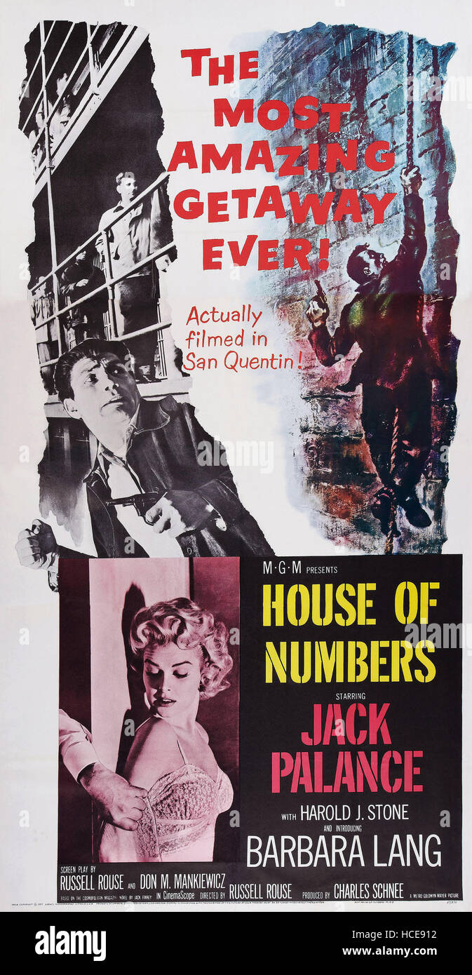HOUSE OF NUMBERS, US poster art, from top: Jack Palance, Barbara Lang ...