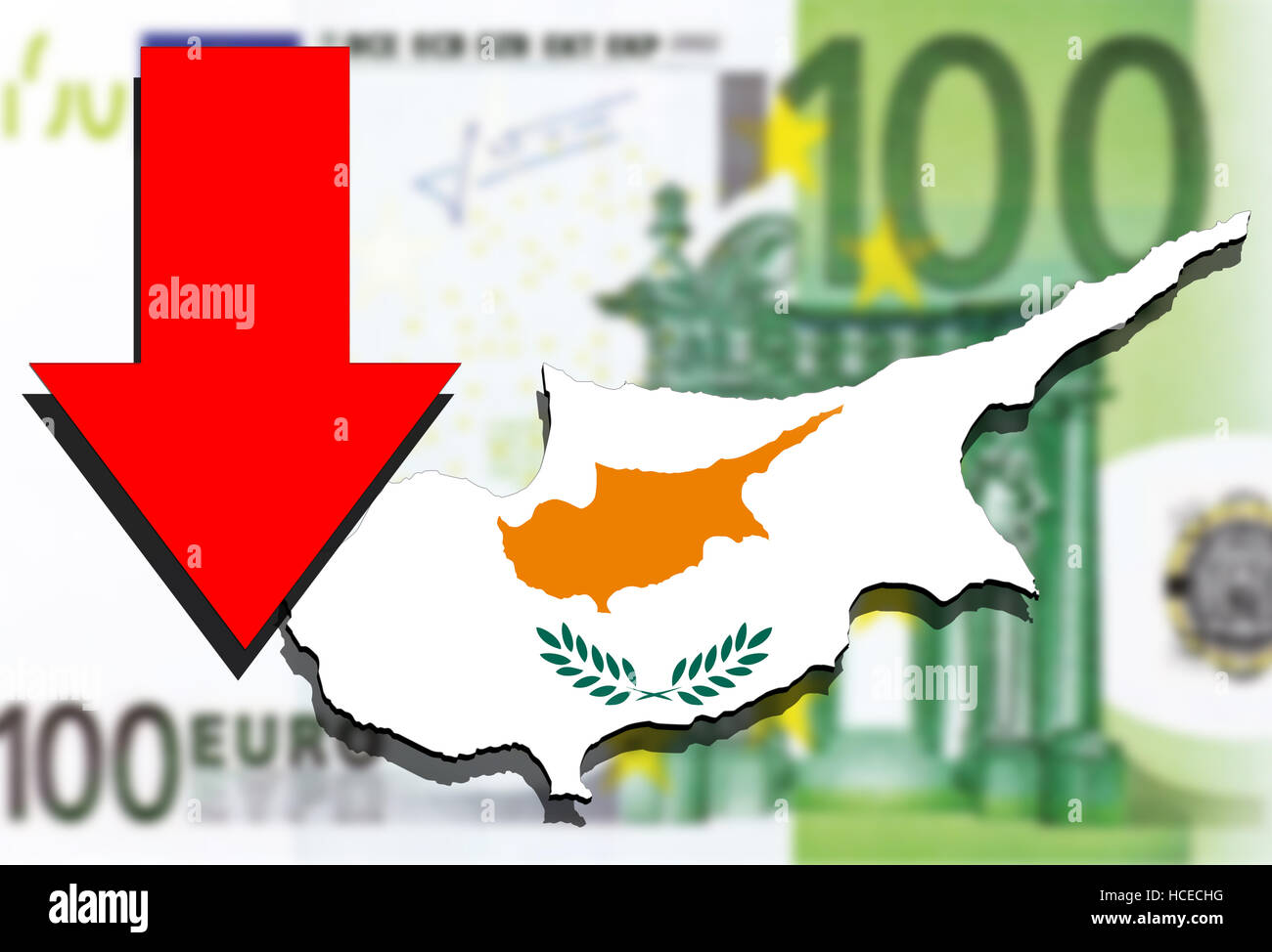 Cyprus map on Euro money background and red arrow down Stock Photo - Alamy