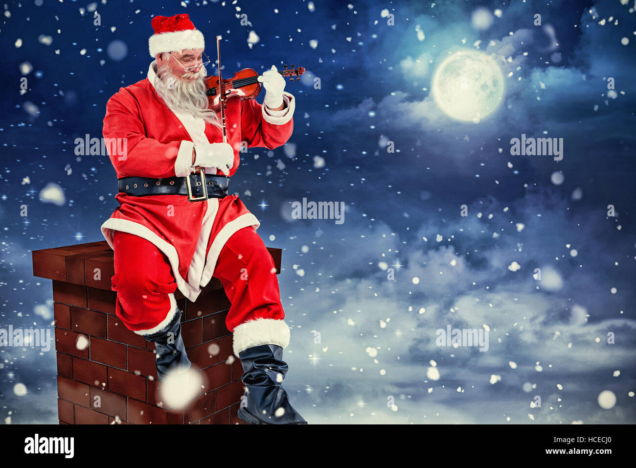 Composite image of smiling santa claus playing violin on chair Stock ...