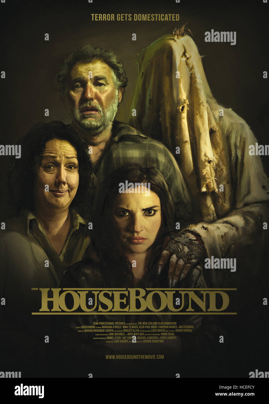 HOUSEBOUND, poster art, from left: Rima Te Wiata, Ross Harper, Morgana ...