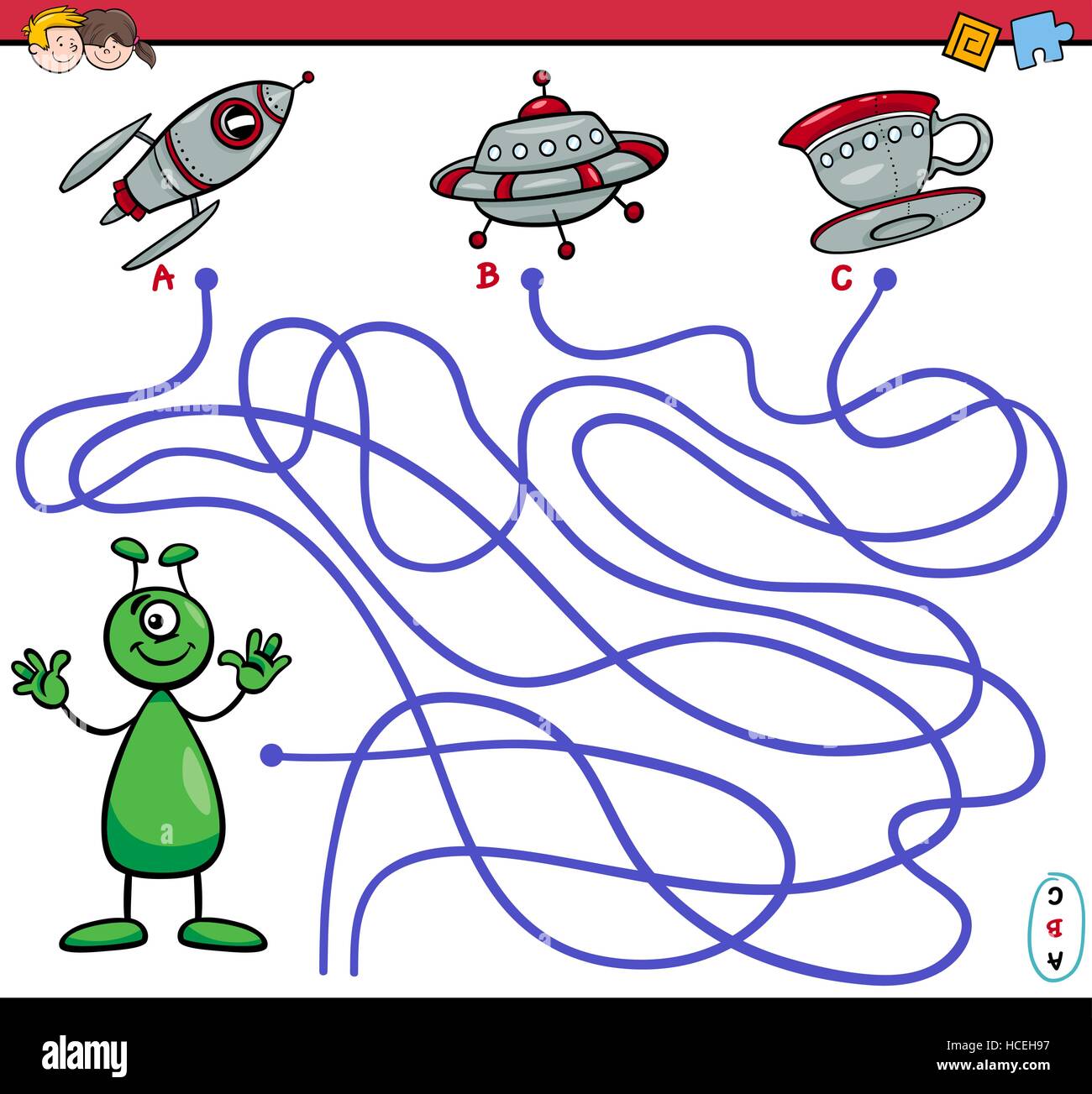Cartoon Illustration of Paths or Maze Puzzle Activity Game with Alien ...